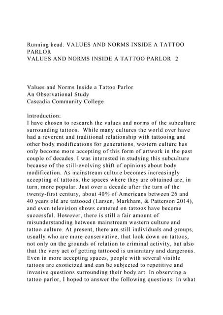 Running Head Values And Norms Inside A Tattoo Parlorvalues And Docx