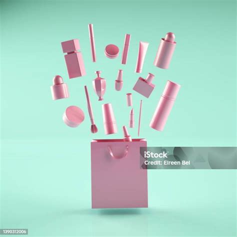 화장품 병이있는 분홍색 선물 종이 봉지 밝은 민트 배경에 립스틱 튜브의 컬러 3d 렌더링 일러스트레이션 선물 패키지 프리젠 테이션 모형 3d 렌더링 생활필수품에 대한 스톡