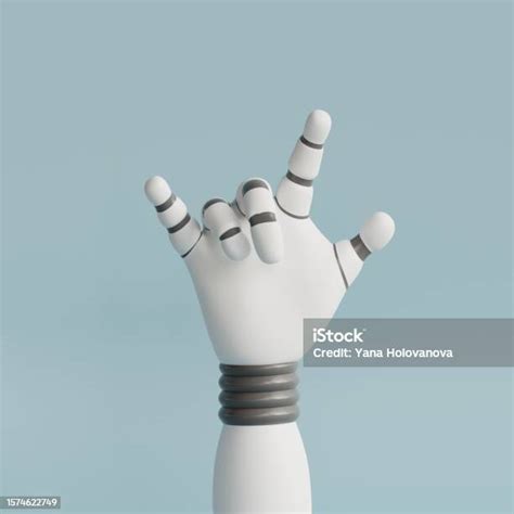 로봇 만화 손이 뿔 제스처를 만든다 3d 렌더링 일러스트레이션 입체 이미지에 대한 스톡 사진 및 기타 이미지 입체 이미지