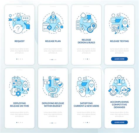 Premium Vector Software Release Management Blue Onboarding Mobile App Screen Set