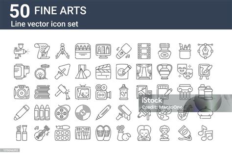 50 개의 미술 아이콘 세트 퀘이버 모델링 연필 카메라 필름 롤 용지 와 같은 얇은 선 아이콘의 윤곽선 0명에 대한 스톡 벡터 아트 및 기타 이미지 Istock