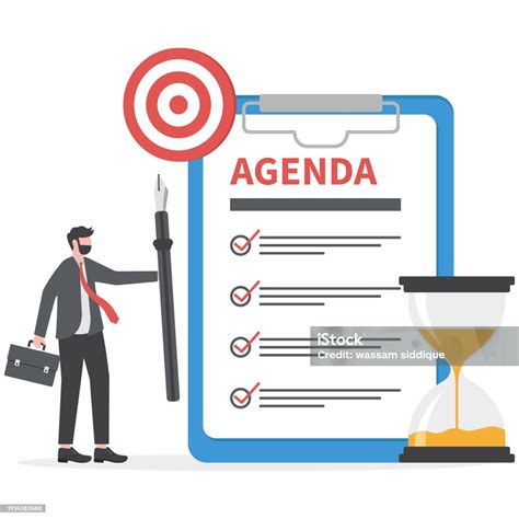 회의 의제 토론을 위한 우선 순위 중요 작업 완료해야 할 목표 또는 목적 사무 개념에 대한 플래너 또는 체크리스트 스마트 사업가는 타이머로 회의 의제를 연필로 씁니다 검사