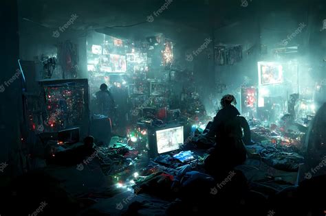 Premium Photo Messy Cyberpunk Hacker Hideoutwith Cyan Christmas Lights Neural Network