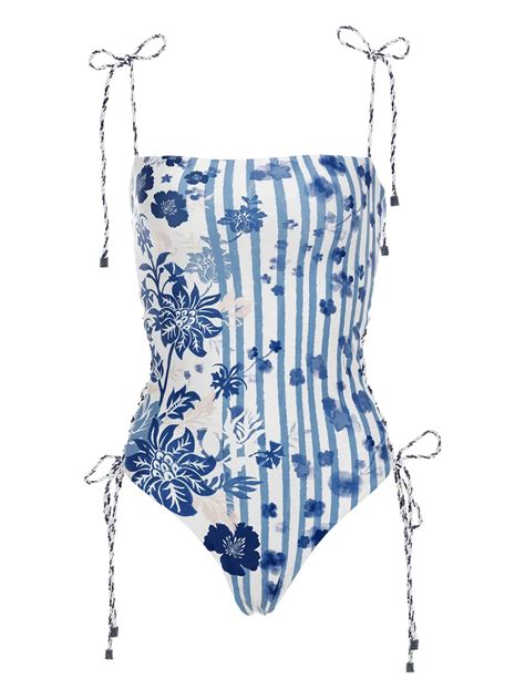 Agua Bendita Floral Stripe Swimsuit Blue Farfetch