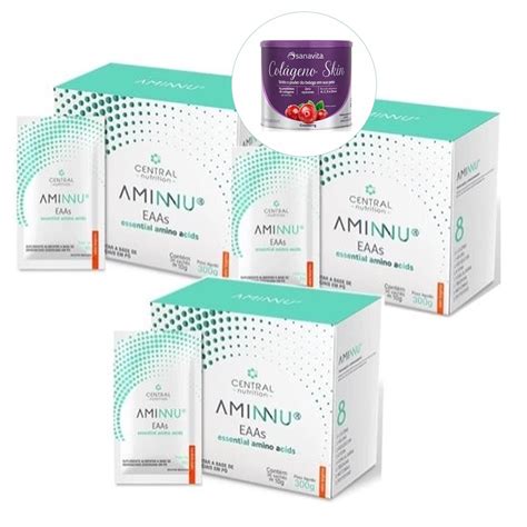 Kit Aminnu G Sachês EAAs Aminoácidos Essenciais Central Nutrition Brinde Colágeno