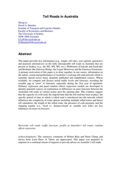 PDF Toll Roads In Australia An Overview Of Characteristics And Accuracy Of Demand Forecasts