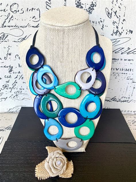 Turquoise Blue And Gray Triple Strand Tagua Nut Necklace Galapagos