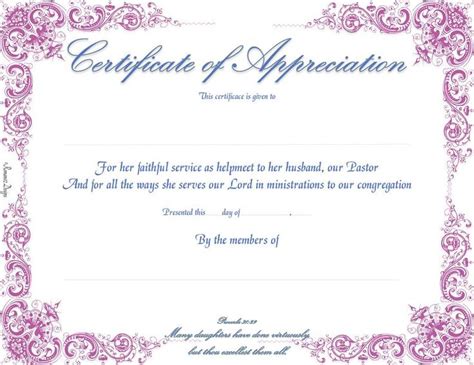 Appreciation Certificate Pastors Wife PDF Printable Etsy Pastors