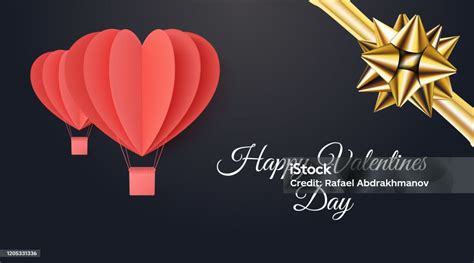 해피 발렌타인 데이 상품권 어두운 배경에 발렌타인 인사말 카드입니다 두 개의 종이 컷 빨간 심장 모양 종이 접기 는 열기구 비행했다 휴일 로맨틱 한 여행 이미지입니다 러브