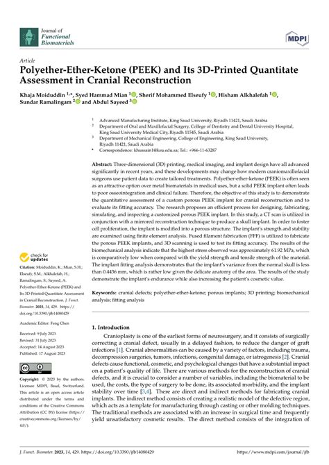 Pdf Polyether Ether Ketone Peek And Its 3d Printed Quantitate Assessment In Cranial