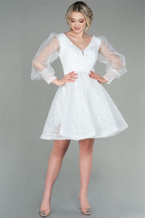 Robe de Soirée Courte Squameuse Blanc ABK1631 Abiyefon