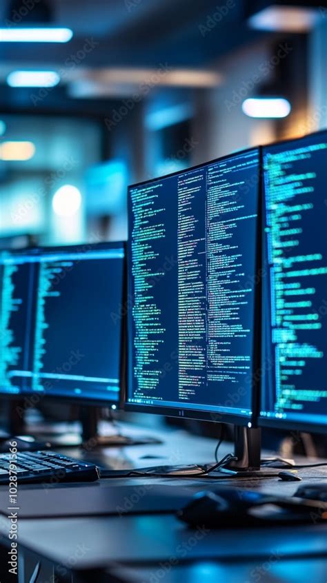 Multiple Computer Screens Displaying Lines Of Code In A Dimly Lit Office Environment Showcasing