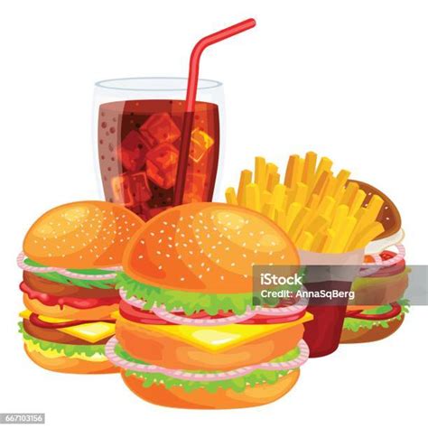 맛 있는 햄버거 구운된 쇠고기와 신선한 야채 스낵 차가운 음료수 갈색 얼음 음료 Vecor 그림 배경으로 미국의 햄버거 패스트 푸드 식사 감자 튀김에 대 한 소스 롤빵와 옷