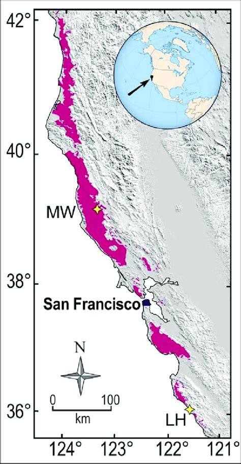 Geographic Distribution Of Sequoia Sempervirens Shaded In Pink Along