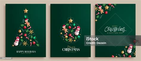 크리스마스 인사말 그린 카드 벡터 포스터 세트입니다 메리 크리스마스 행복한 휴일과 크리스마스 장식 요소와 함께 새해 카드 컬렉션 크리스마스에 대한 스톡 벡터 아트 및 기타