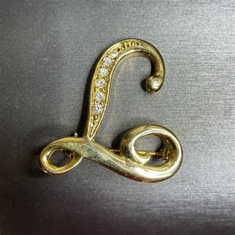 Jewelry Cursive L Initial Brooch Rhinestone Gold Tone Laverne Shirley