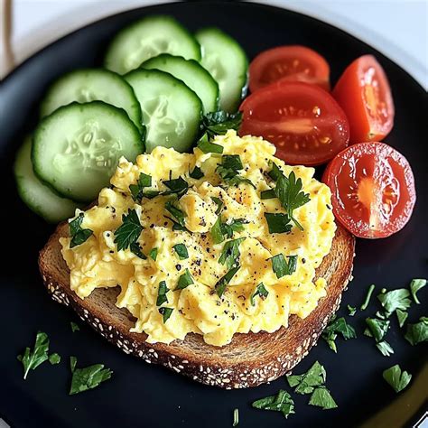 Creamy Scrambled Egg Toast With Fresh Cucumber And Tomato Slices