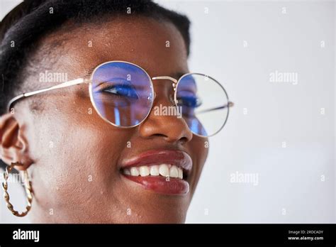 Happiness Glasses And Black Woman With Positive Face With Vision In