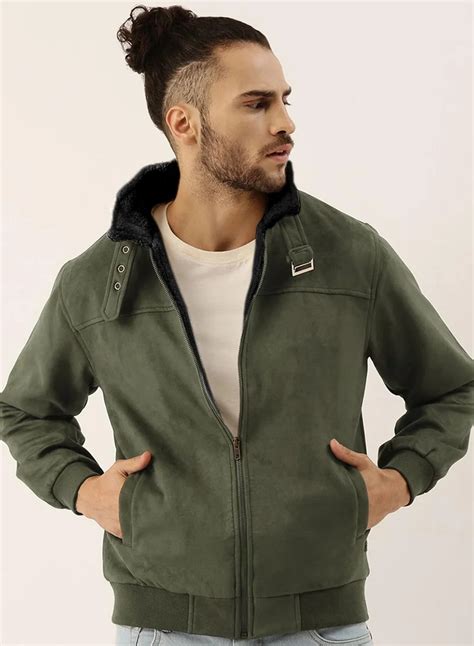 Campus Sutra Green Mens Army Green Fur Lined Suede Bomber Jacket For
