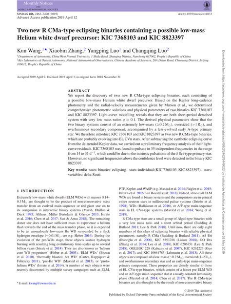 Pdf Two New R Cma Type Eclipsing Binaries Containing A Possible Low Mass Helium White Dwarf