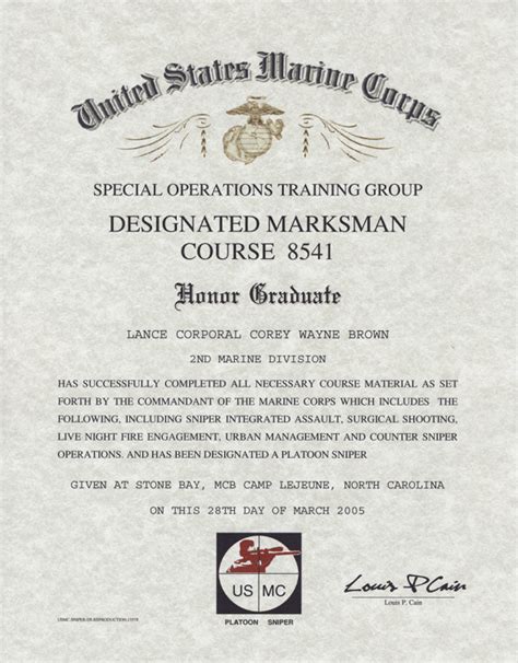 Usmc Designated Marksman School Certificate