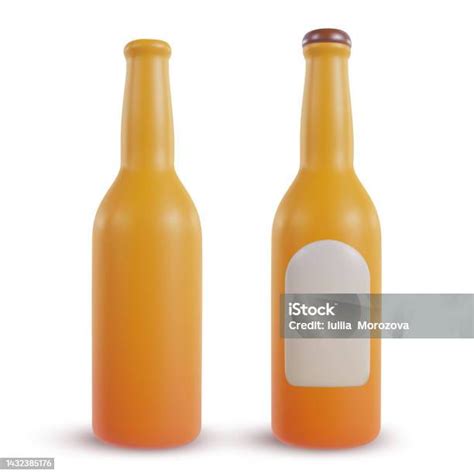 흰색 배경에 고립 된 빈 라벨이있는 3d 현실적인 맥주 병 현대 만화 스타일의 디자인 요소를 설정합니다 최소한의 벡터 일러스트레이션 가득 찬에 대한 스톡 벡터 아트 및 기타