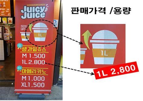 쥬씨 생과일쥬스 용량 표시에 크게 부족