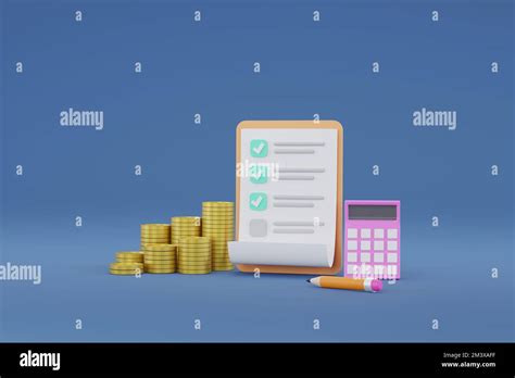 3D Check List With Clipboard Check Mark Pile Money Coins Isolated
