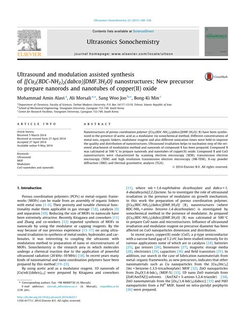 Pdf Ultrasound And Modulation Assisted Synthesis Of {[cu2 Bdc Nh2 2 Dabco ]dmf 3h2o