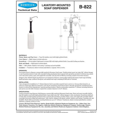 Bobrick B 822 Commercial Soap Dispenser Surface Mounted Manual Push