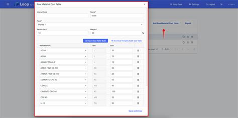 Raw Material Cost Table Loop