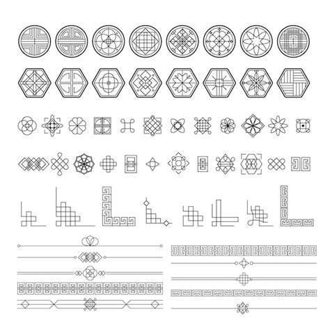 전통적인 아시아 장식 한국 프레임 테두리 모서리와 구분선 기하학적 스탬프 장식 동양 라인 벡터 세트 프리미엄 벡터