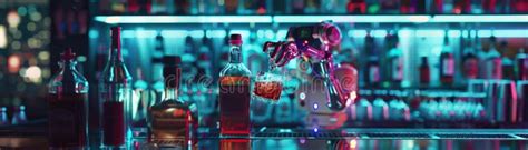 Robot Bartender Mixing Drinks In A Futuristic Bar Stock Illustration