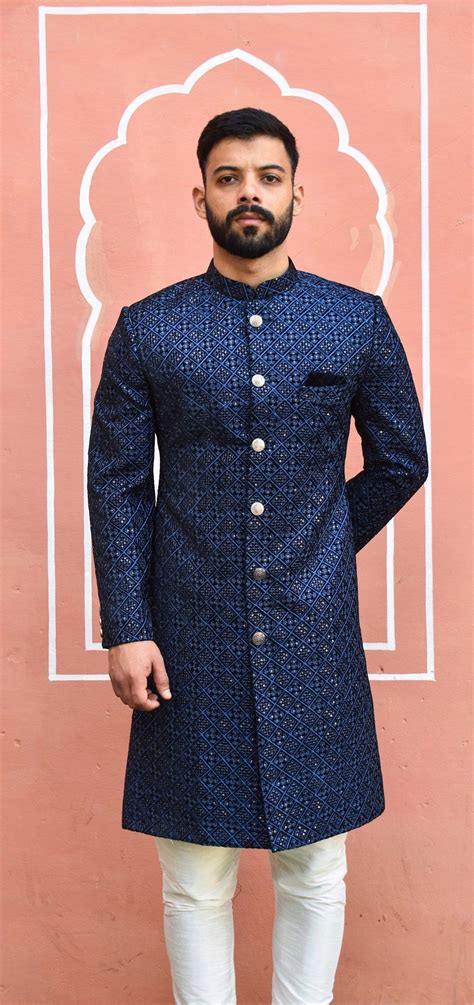 Handmade Blue Sherwani For Men Jodhpuri Achkan Bandhgala Kurta With