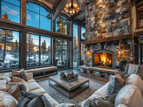 Luxurious Mountain Cabin Living Room With Stunning Forest Views Stock