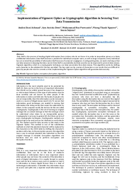 Pdf Implementation Of Vigenere Cipher As Cryptographic Algorithm In Securing Text Data