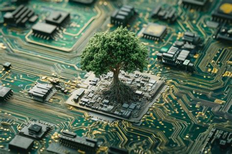 A Green Tree Grows On A Circuit Board Symbolizing Nature Intertwined With Technology Stock