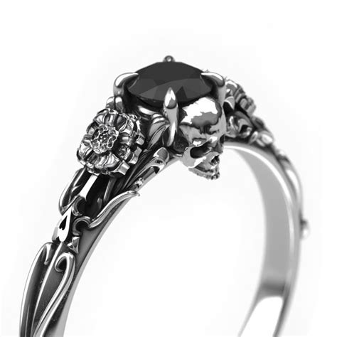 Edwardian Floral Black Diamond Skull Engagement Ring Alternative Gothic Engagement Ring With