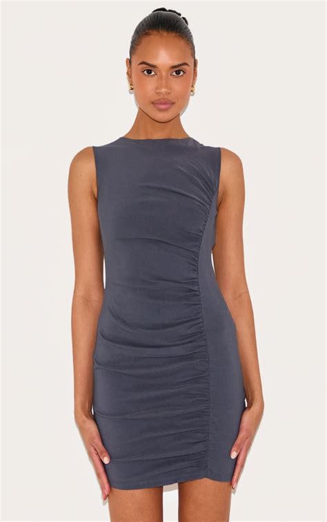 Charcoal Stretch Woven Ruched Bodycon Dress Dresses Prettylittlething