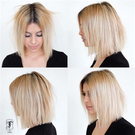 Slightly Disheveled Blunt Shoulder Length Bob On Blonde Hair With Dark