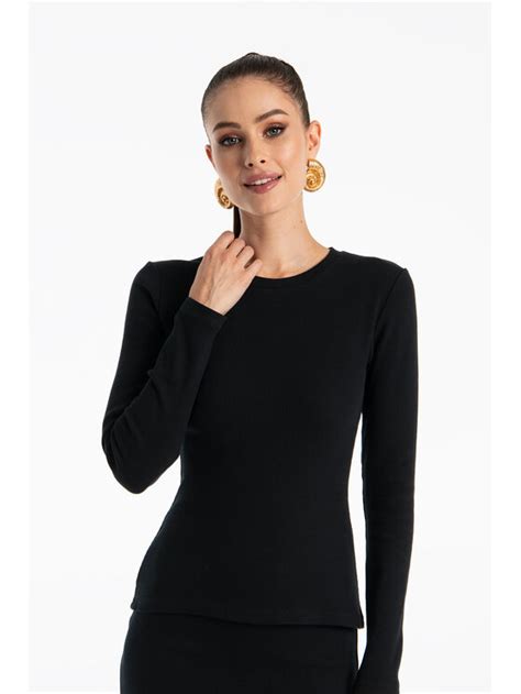 Nudyess Bluzka bawełniana Eos z prążka Czarny Regular Fit Modivo pl