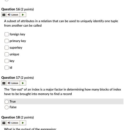 question 16 2 points listen a subset of attributes in a relation that