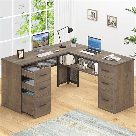 Hsh Large L Shaped Home Office Desk With Drawers Rustic L