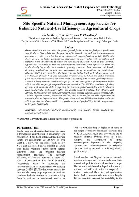 Pdf Site Specific Nutrient Management Approaches For Enhanced Nutrient Use Efficiency In
