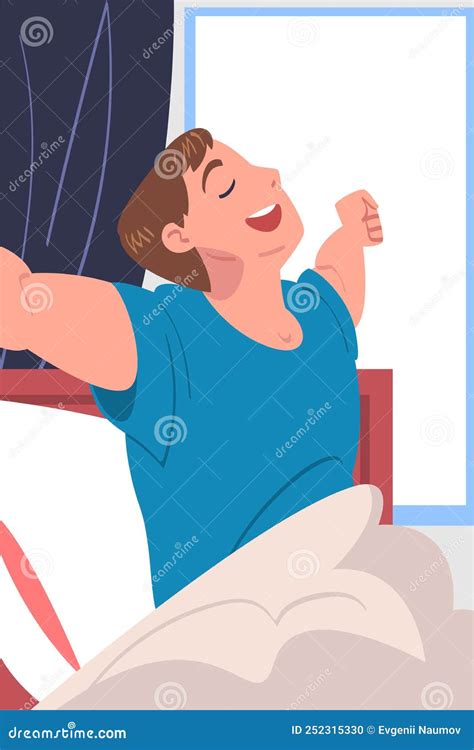 Man Character Waking Up Feeling Happy Stretching Out In Bed Ready To