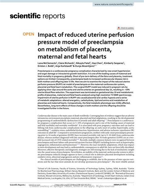 Pdf Impact Of Reduced Uterine Perfusion Pressure Model Of