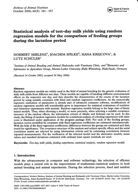 Pdf Statistical Analysis Of Test Day Milk Yields Using Random Regression Models For The