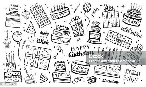 양식에 일치시키는 생일 케이크 선물 상자 풍선 및 장식 세트 손으로 그린 만화 벡터 스케치 고립 된 그림 개체 그룹에 대한 스톡 벡터 아트 및 기타 이미지 Istock
