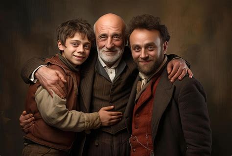 Men Hugging The Son In The Style Of Mix Of Masculine And Femi Elements Premium Ai Generated Image