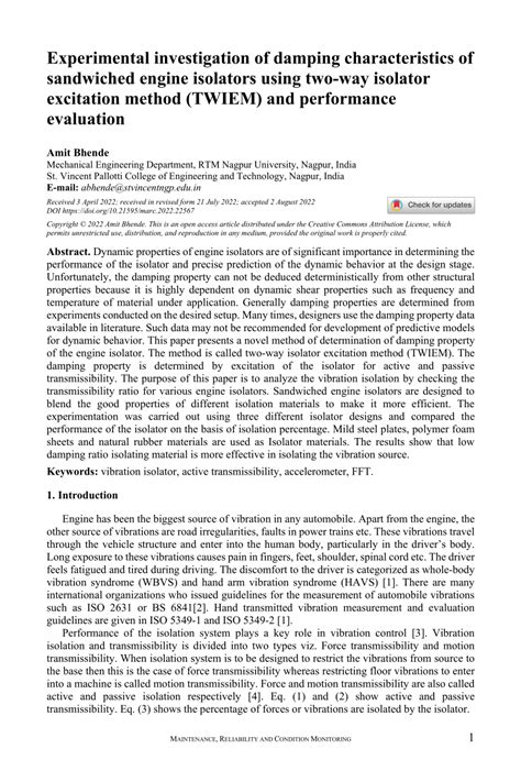 Pdf Experimental Investigation Of Damping Characteristics Of Sandwiched Engine Isolators Using